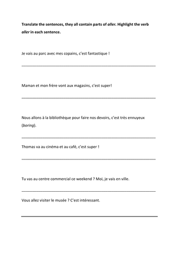 Aller and En Ville practice sentences | Teaching Resources