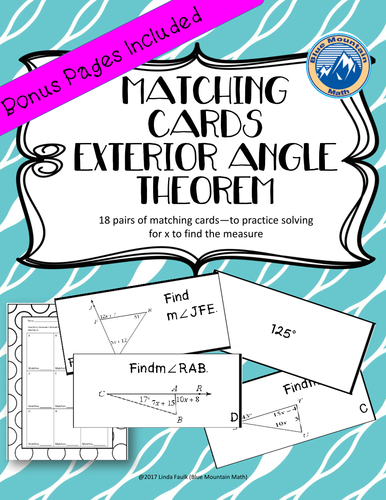 Exterior Angle Theorem -Solve for X to find the Measure Matching Card ...