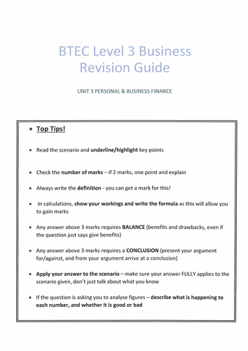 BTEC Level 3 Unit 3 Personal & Business Finance Revision Guide ...