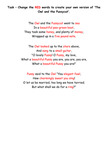YEAR 2 POETRY PLANNING THE OWL AND THE PUSSYCAT | Teaching Resources