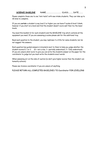 SCIENCE BASELINE assessment from level P4 to 4a (old NC levels ...