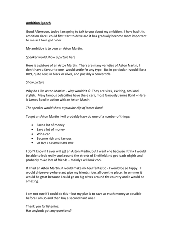 KS3 Speaking and Listening - Ambitions Talk / Speech | Teaching Resources