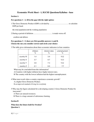 Economics Work Sheet - 1, IGCSE Questions/Syllabus - base | Teaching ...