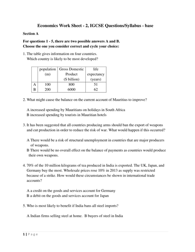 Economics Work Sheet - 2, IGCSE Questions/Syllabus - base-Economic ...