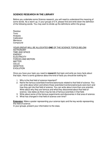 SCIENCE RESEARCH IN THE LIBRARY | Teaching Resources