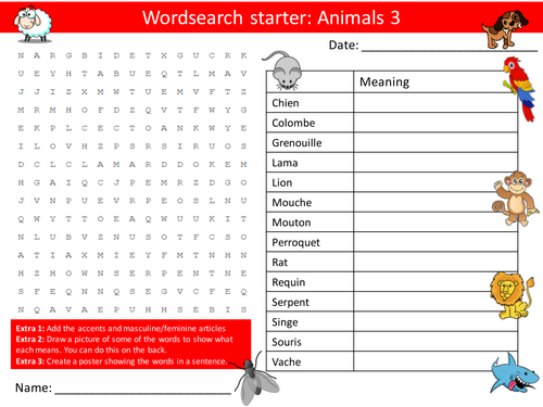French Animals 3 Wordsearch Crossword Anagrams Keyword Starters ...