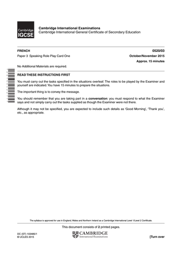 FRENCH GCSE ORAL PRACTICE on Role-Plays +Picture+ General Conversation ...