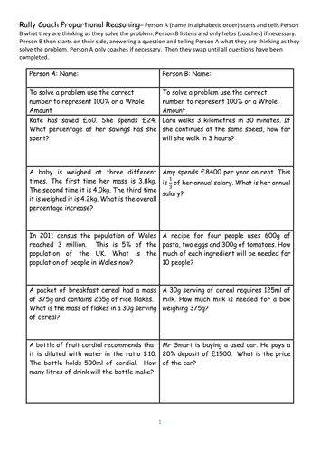 Proportional Reasoning (Kagan Rally Coach) (with answers) | Teaching ...