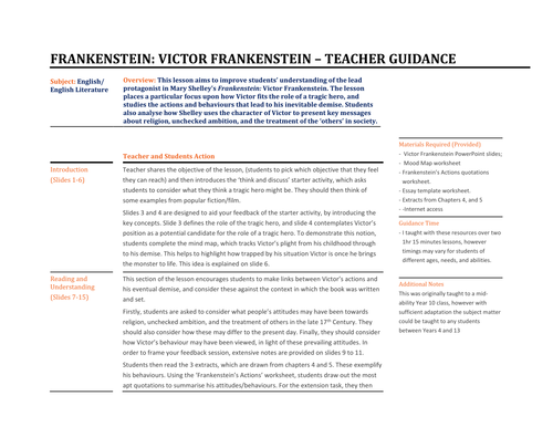 Frankenstein: Victor Frankenstein - The Tragic Hero | Teaching Resources