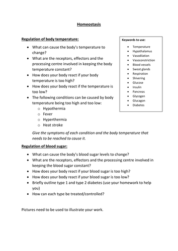 Homeostasis research task | Teaching Resources