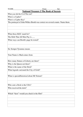 National Treasure 2 Worksheet | Teaching Resources