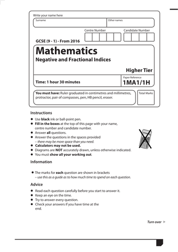 GCSE Maths Exam Style Paper - Fractional and Negative Indices ...