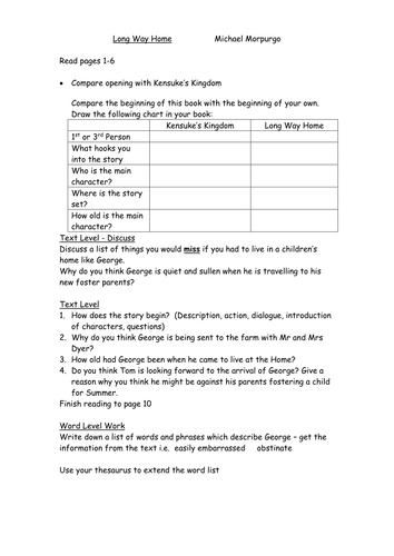 Long Way Home - Morpurgo - Guided Reading / Comprehension Unit (with ...