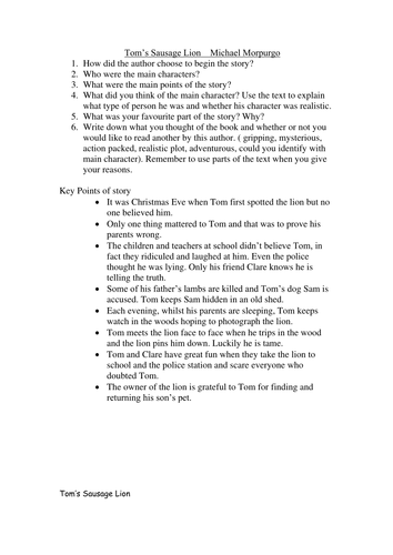 Tom's Sausage Lion (Michael Morpurgo) KS2 Guided Reading ...
