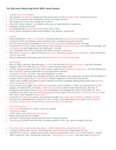 For My Lover, Returning to His Wife: Anne Sexton AQA A Level English ...