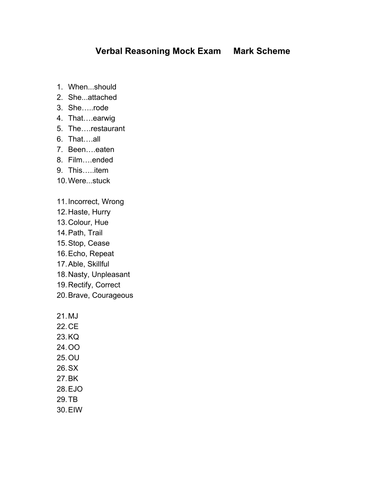 11+ Verbal Reasoning Mock Exam | Teaching Resources
