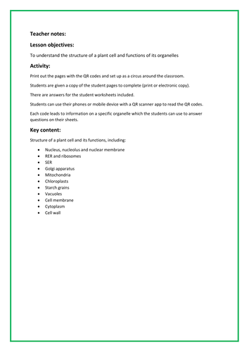 Plant Cell Structure Qr Code Activity Teaching Resources