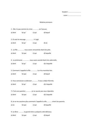 Multiple choice quizz on relative pronouns in French | Teaching Resources