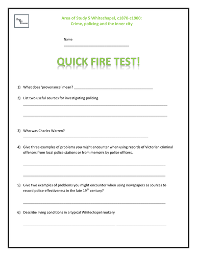 Quick Fire Test - Whitechapel, c1870-c1900: Crime, policing and the ...