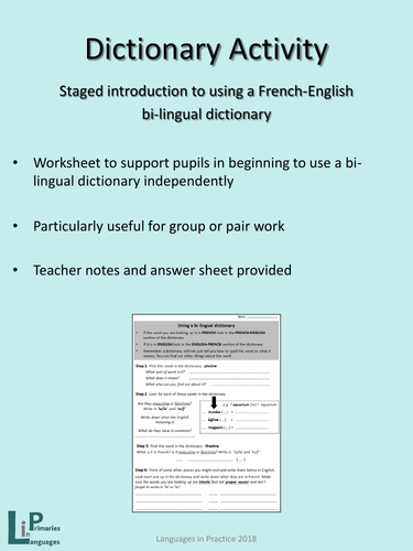 KS2 French Dictionary Activity - staged introduction to using a using a ...