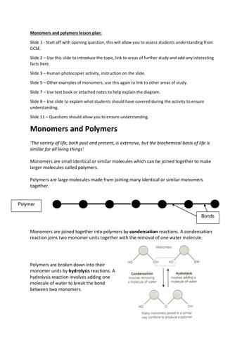 Monomers and Polymers. Carbohydrates and Lipids. A level Biology 7401/ ...