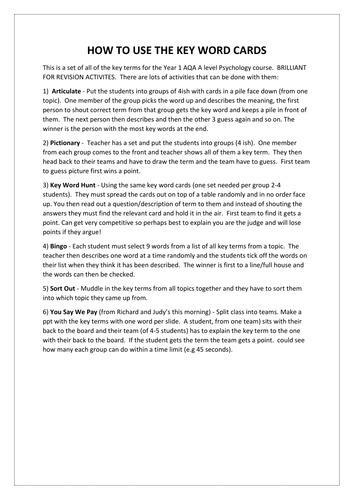 MEMORY key term Revision cards AQA Psychology | Teaching Resources