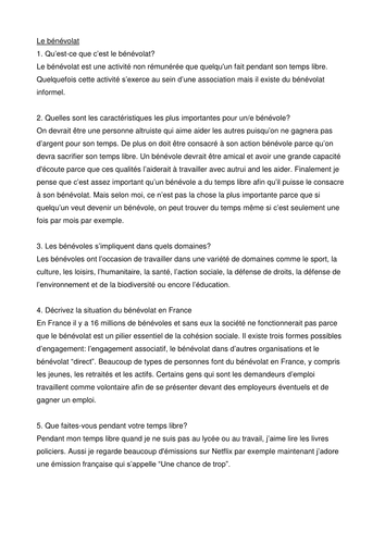 AS Level French Essays- BENEVOLAT | Teaching Resources