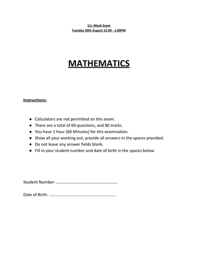 11+ Mathematics Mock Exam | Teaching Resources