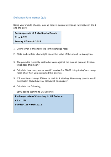 Exchange rate learner quiz | Teaching Resources