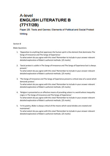 AQA English Literature B Paper 2 Section B Questions | Teaching Resources