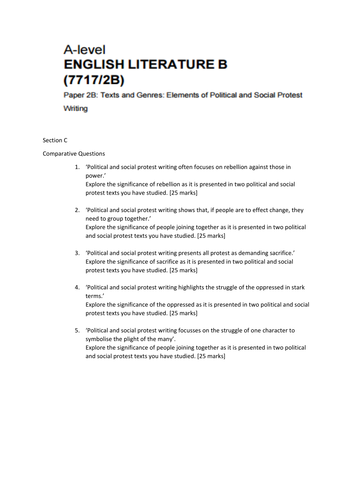 AQA A Level Literature B Paper 2 Section C Exam Questions | Teaching ...