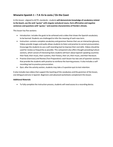 Spanish Lesson 7.4: En la Costa – On the Coast | Teaching Resources