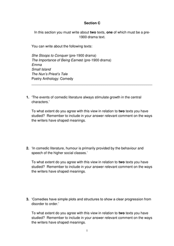AQA A-Level Literature B Paper 1 Aspects of Comedy Section C Exam ...