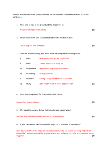 Foundation GCSE Comprehension Sample Paper - The Hobbit | Teaching ...