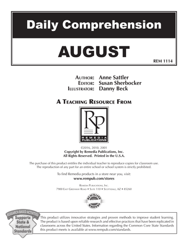 August: Daily Comprehension | Teaching Resources