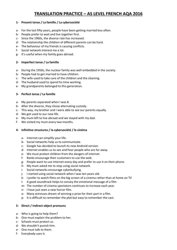 AS LEVEL FRENCH TRANSLATION NEW SPECIFICATION 2016 | Teaching Resources