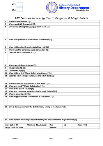 Edexcel 9-1 Medicine Through Time TOPIC TEST DNA & Magic Bullets ...