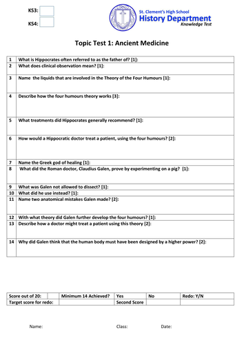 Edexcel 9-1 Medicine Through Time TOPIC TEST Ancient world & Answers ...
