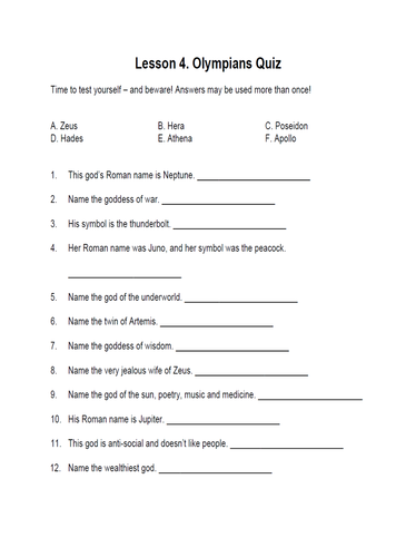 Greek Gods quiz | Teaching Resources