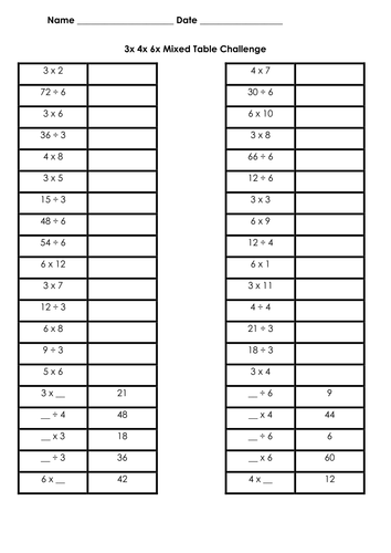Times Table Challenges 3x, 4x, 6x | Teaching Resources