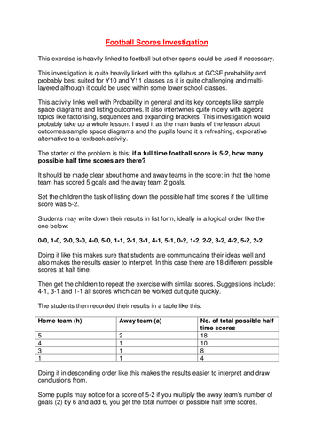 Football Scores Investigation (GCSE Maths Probability) | Teaching Resources