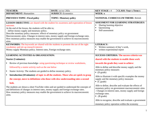 Monetary Policy Lesson Plan IGCSE Economics | Teaching Resources