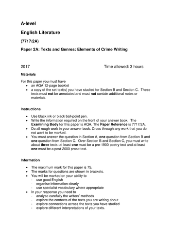 AQA A-Level Literature B - Paper 2 Section A Crime Extracts, with ...