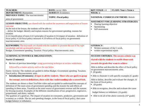 Fiscal policy; Taxes & Government Spending Lesson Plan IGCSE Economics ...