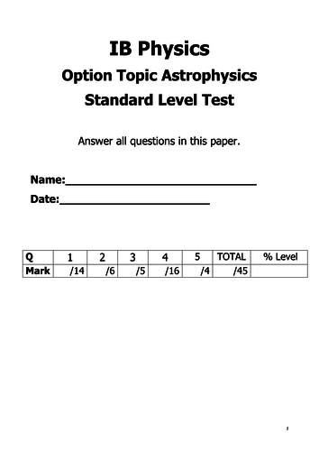 IB Physics Astrophysics Option SL Test and Marking Scheme | Teaching ...