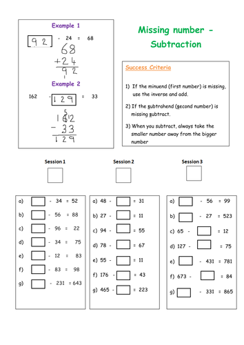 Skill Drill - Column addition and subtraction, short division, missing ...