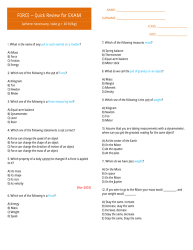 Forces – (Type of Forces) – Quick Review for EXAM -1 | Teaching Resources