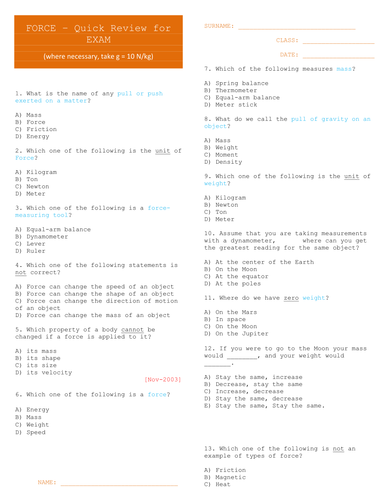 Forces – (Type of Forces) – Quick Review for EXAM -1 | Teaching Resources