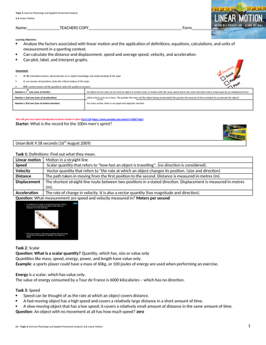 A-Level PE EDEXCEL (spec 2016) 2.4 Linear Motion | Teaching Resources