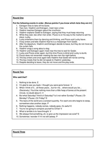 Waiting for Godot quiz and answers | Teaching Resources